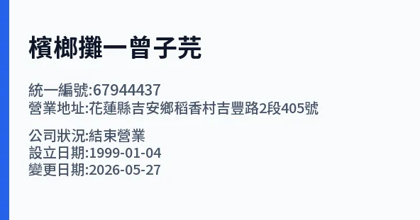 檳榔攤一曾子芫的照片-統編 67944437(花蓮縣) 公司登記資料與營業項目詳細圖表