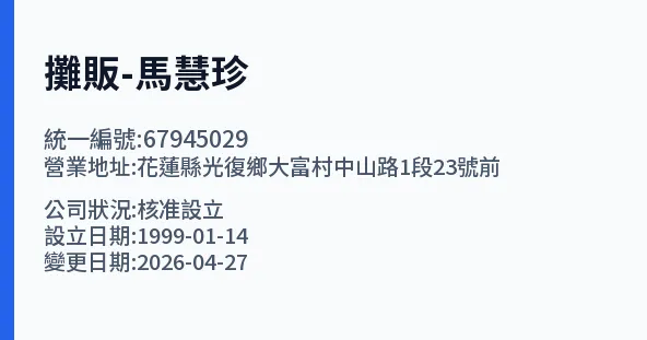 攤販-馬慧珍的照片-統編 67945029(花蓮縣) 公司登記資料與營業項目詳細圖表