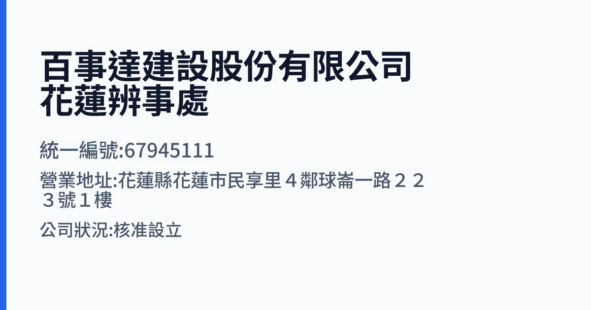 百事達建設股份有限公司花蓮辨事處 - 統編 67945111(花蓮縣) 公司登記資料與營業項目詳細圖表