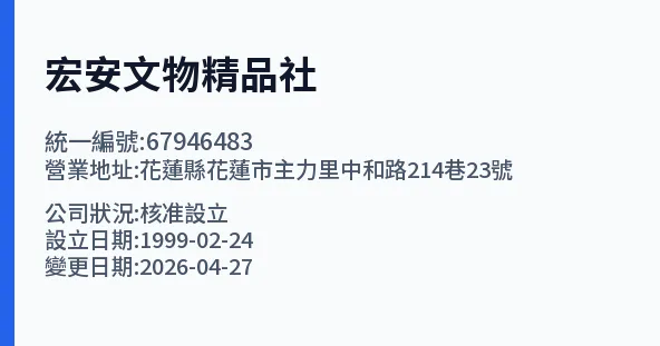 宏安文物精品社的照片-統編 67946483(花蓮縣) 公司登記資料與營業項目詳細圖表