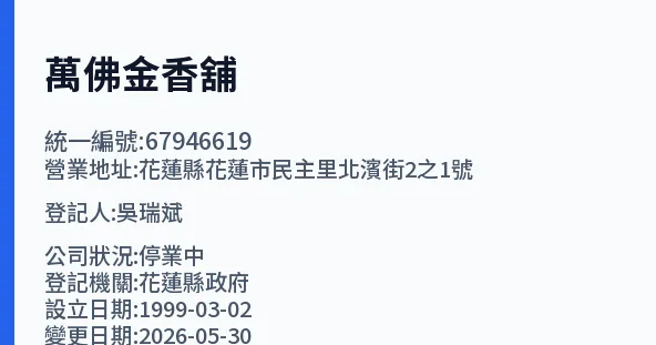 萬佛金香舖的照片-統編 67946619(花蓮縣) 公司登記資料與營業項目詳細圖表