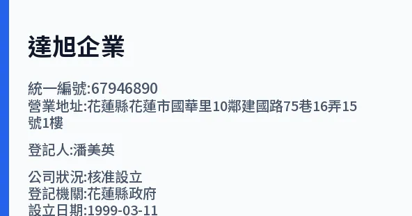 達旭企業的照片-統編 67946890(花蓮縣) 公司登記資料與營業項目詳細圖表
