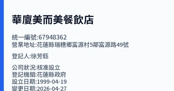 華廈美而美餐飲店的照片-統編 67948362(花蓮縣) 公司登記資料與營業項目詳細圖表