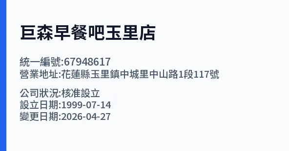 巨森早餐吧玉里店的照片-統編 67948617(花蓮縣) 公司登記資料與營業項目詳細圖表