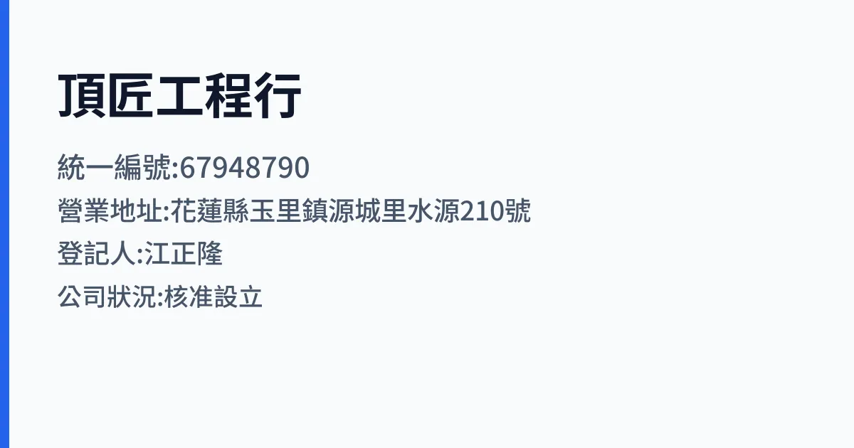 頂匠工程行 - 統編 67948790(花蓮縣) 公司登記資料與營業項目詳細圖表