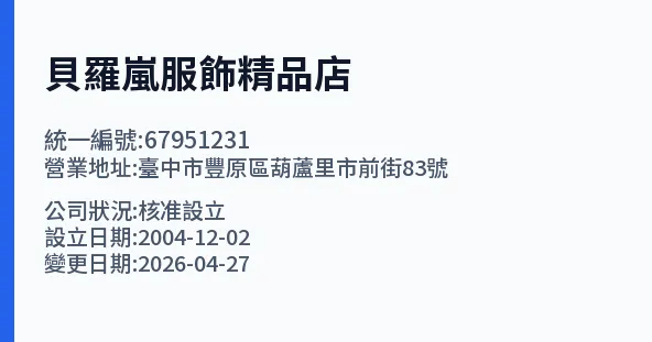 貝羅嵐服飾精品店的照片-統編 67951231(臺中市) 公司登記資料與營業項目詳細圖表
