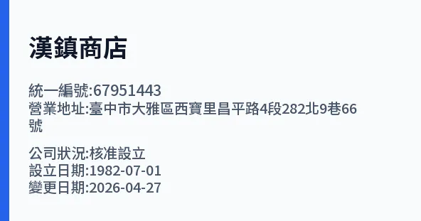 漢鎮商店的照片-統編 67951443(臺中市) 公司登記資料與營業項目詳細圖表
