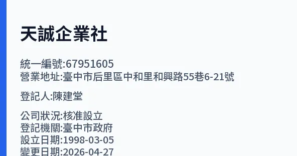 天誠企業社的照片-統編 67951605(臺中市) 公司登記資料與營業項目詳細圖表