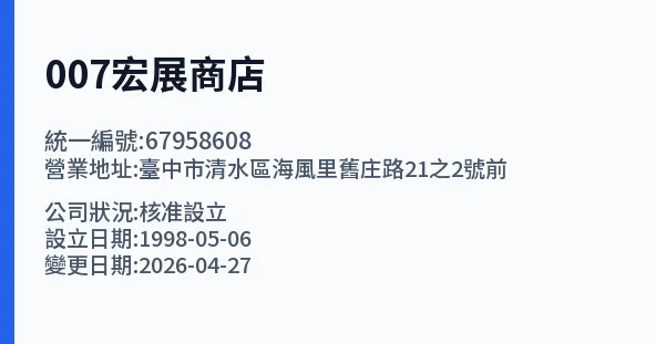 007宏展商店的照片-統編 67958608(臺中市) 公司登記資料與營業項目詳細圖表