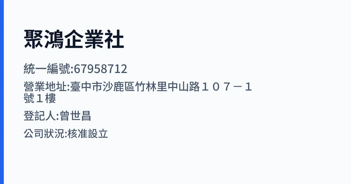 聚鴻企業社 - 統編 67958712（臺中市） 公司登記資料與營業項目詳細圖表