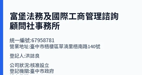 富堡法務及國際工商管理諮詢顧問社事務所的照片-統編 67958781(臺中市) 公司登記資料與營業項目詳細圖表