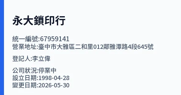 永大鎖印行的照片-統編 67959141(臺中市) 公司登記資料與營業項目詳細圖表
