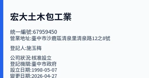 宏大土木包工業的照片-統編 67959450(臺中市) 公司登記資料與營業項目詳細圖表