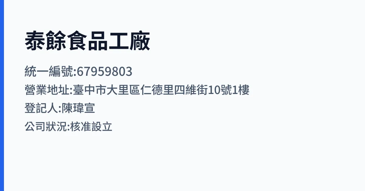 泰餘食品工廠 - 統編 67959803(臺中市) 公司登記資料與營業項目詳細圖表