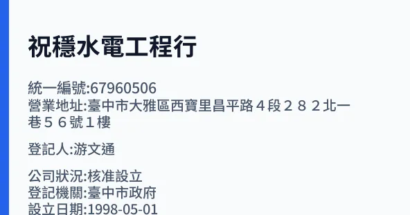 祝穩水電工程行的照片-統編 67960506(臺中市) 公司登記資料與營業項目詳細圖表