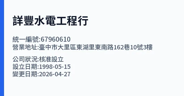 詳豐水電工程行的照片-統編 67960610(臺中市) 公司登記資料與營業項目詳細圖表