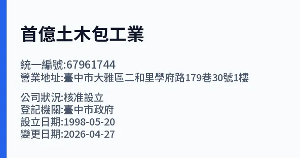 首億土木包工業的照片-統編 67961744(臺中市) 公司登記資料與營業項目詳細圖表