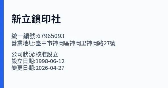 新立鎖印社的照片-統編 67965093(臺中市) 公司登記資料與營業項目詳細圖表
