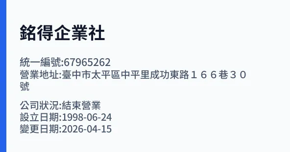 銘得企業社的照片-統編 67965262(臺中市) 公司登記資料與營業項目詳細圖表