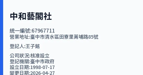 中和藝閣社的照片-統編 67967711(臺中市) 公司登記資料與營業項目詳細圖表
