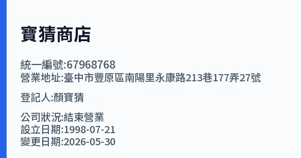 寶猜商店的照片-統編 67968768(臺中市) 公司登記資料與營業項目詳細圖表