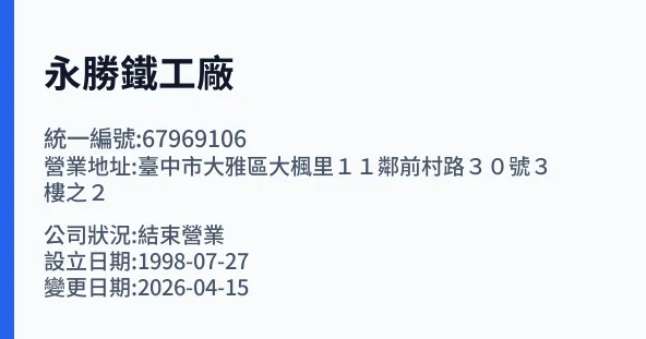 永勝鐵工廠的照片-統編 67969106(臺中市) 公司登記資料與營業項目詳細圖表