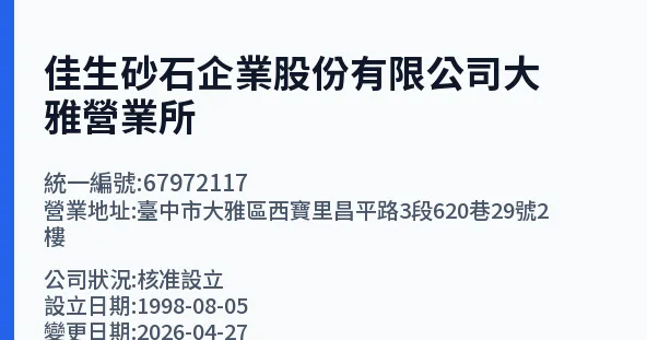 佳生砂石企業股份有限公司大雅營業所的照片-統編 67972117(臺中市) 公司登記資料與營業項目詳細圖表