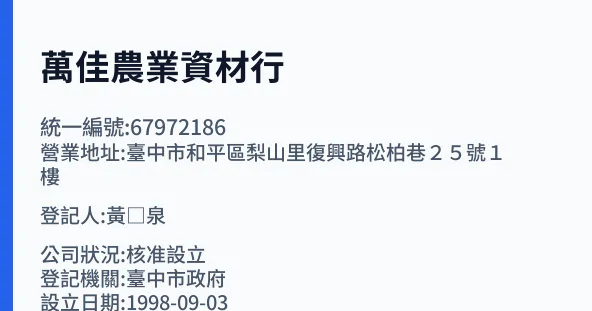 萬佳農業資材行的照片-統編 67972186(臺中市) 公司登記資料與營業項目詳細圖表