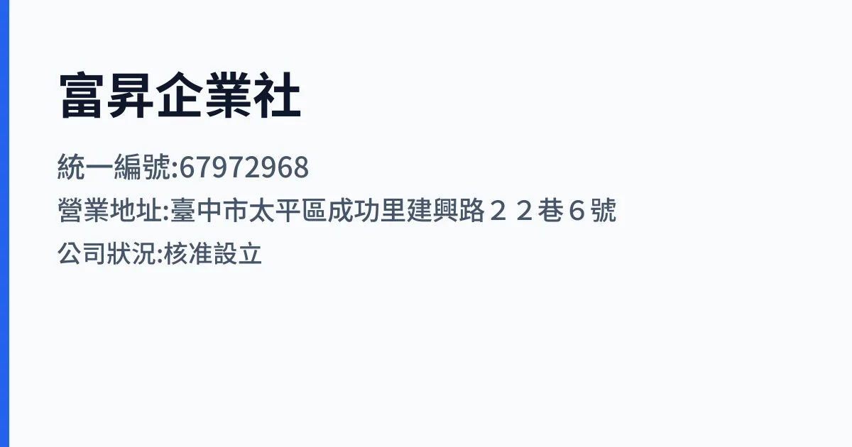 富昇企業社 - 統編 67972968(臺中市) 公司登記資料與營業項目詳細圖表