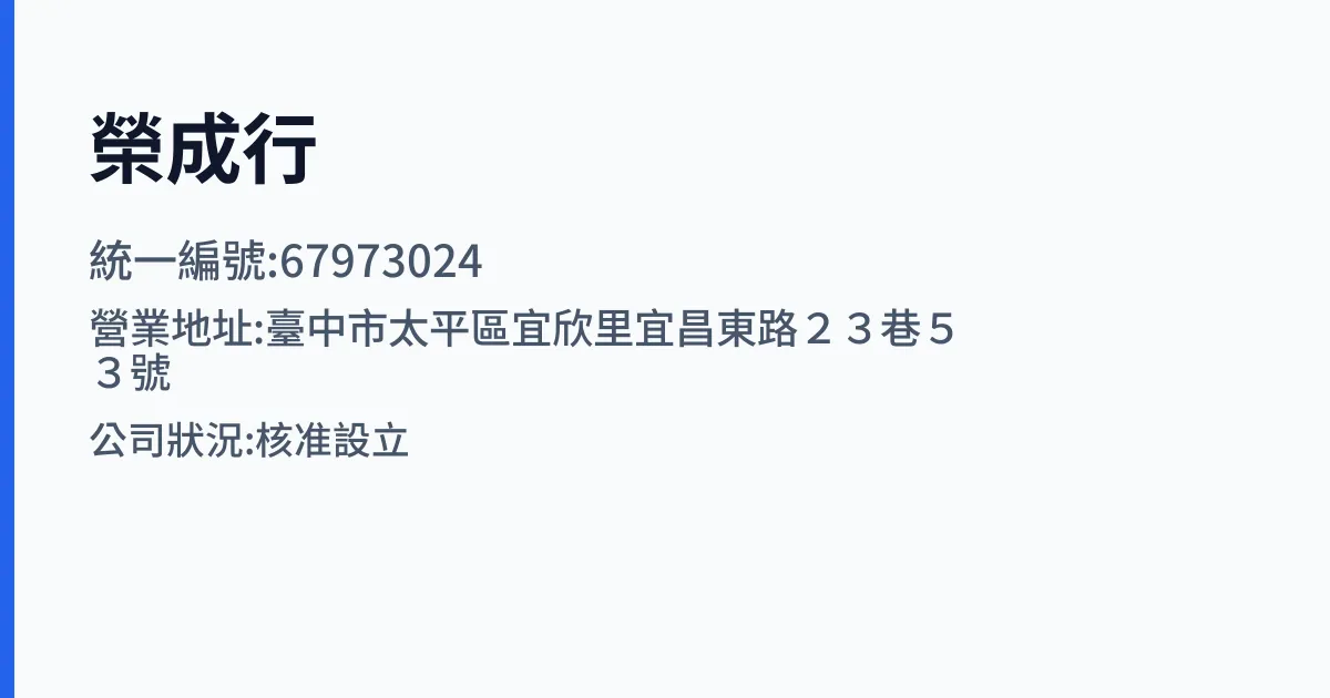 榮成行 - 統編 67973024(臺中市) 公司登記資料與營業項目詳細圖表