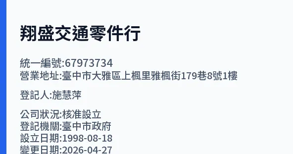 翔盛交通零件行的照片-統編 67973734(臺中市) 公司登記資料與營業項目詳細圖表