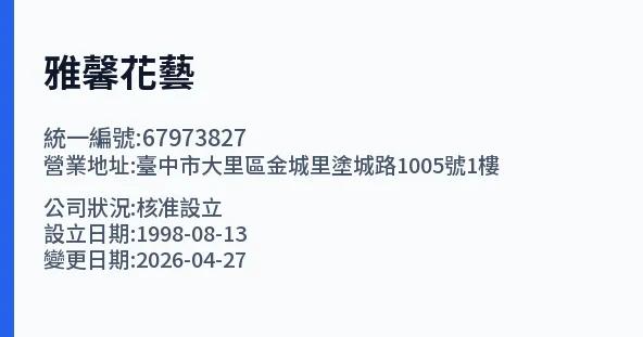 雅馨花藝的照片-統編 67973827(臺中市) 公司登記資料與營業項目詳細圖表