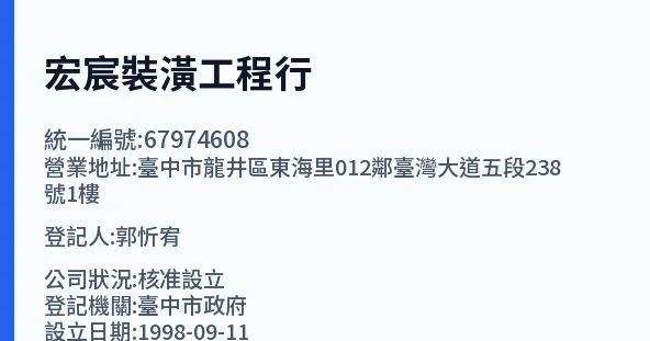 宏宸裝潢工程行的照片-統編 67974608(臺中市) 公司登記資料與營業項目詳細圖表