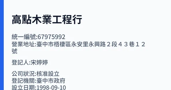高點木業工程行的照片-統編 67975992(臺中市) 公司登記資料與營業項目詳細圖表