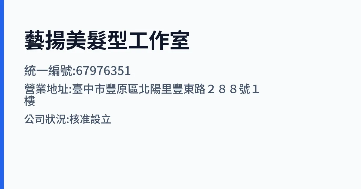 藝揚美髮型工作室 - 統編 67976351(臺中市) 公司登記資料與營業項目詳細圖表