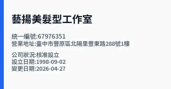 藝揚美髮型工作室的照片-統編 67976351(臺中市) 公司登記資料與營業項目詳細圖表
