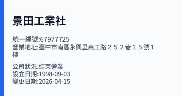 景田工業社的照片-統編 67977725(臺中市) 公司登記資料與營業項目詳細圖表