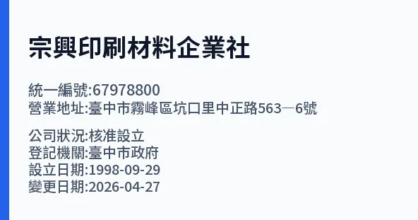 宗興印刷材料企業社的照片-統編 67978800(臺中市) 公司登記資料與營業項目詳細圖表