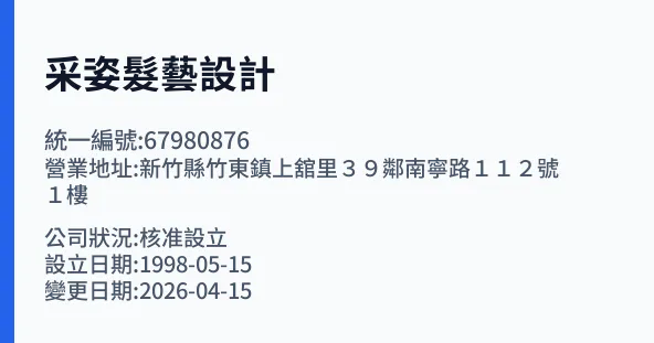 采姿髮藝設計的照片-統編 67980876(新竹縣) 公司登記資料與營業項目詳細圖表
