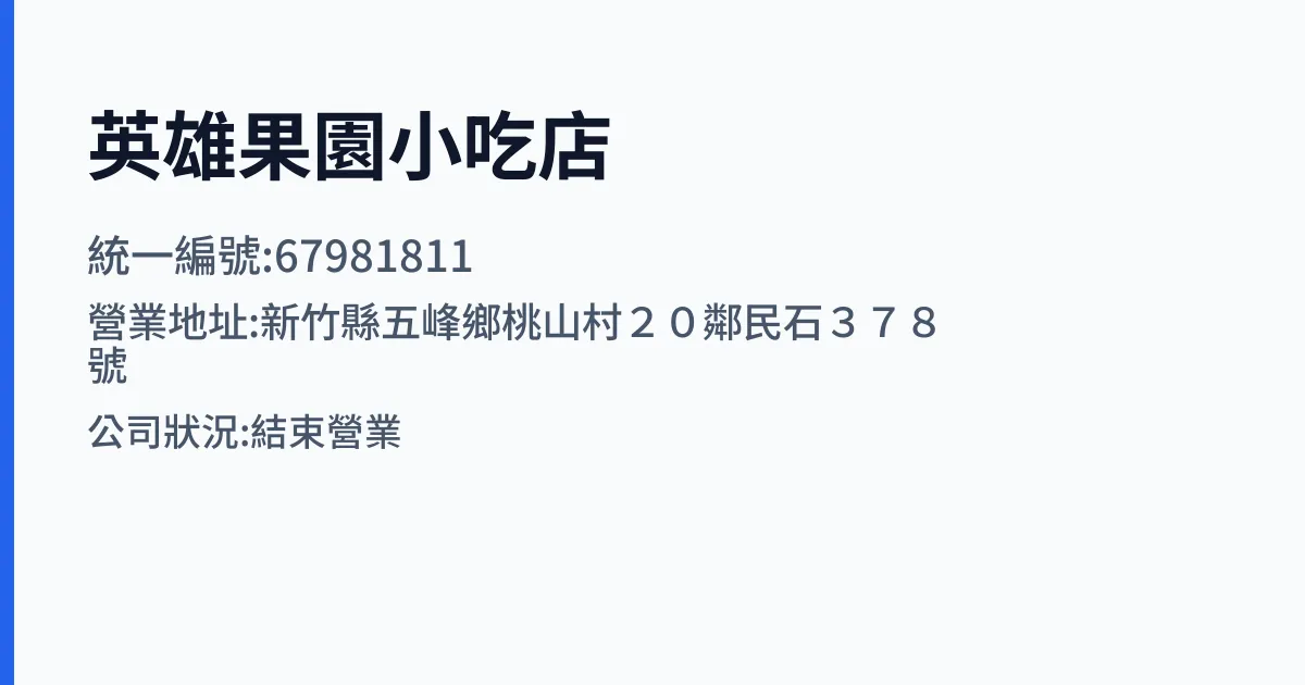 英雄果園小吃店 - 統編 67981811(新竹縣) 公司登記資料與營業項目詳細圖表