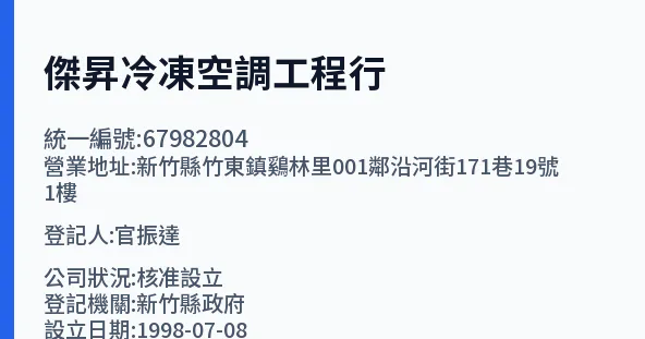 傑昇冷凍空調工程行的照片-統編 67982804(新竹縣) 公司登記資料與營業項目詳細圖表