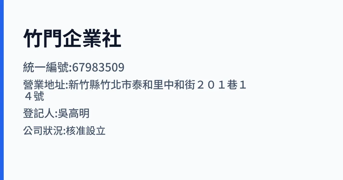 竹門企業社 - 統編 67983509(新竹縣) 公司登記資料與營業項目詳細圖表