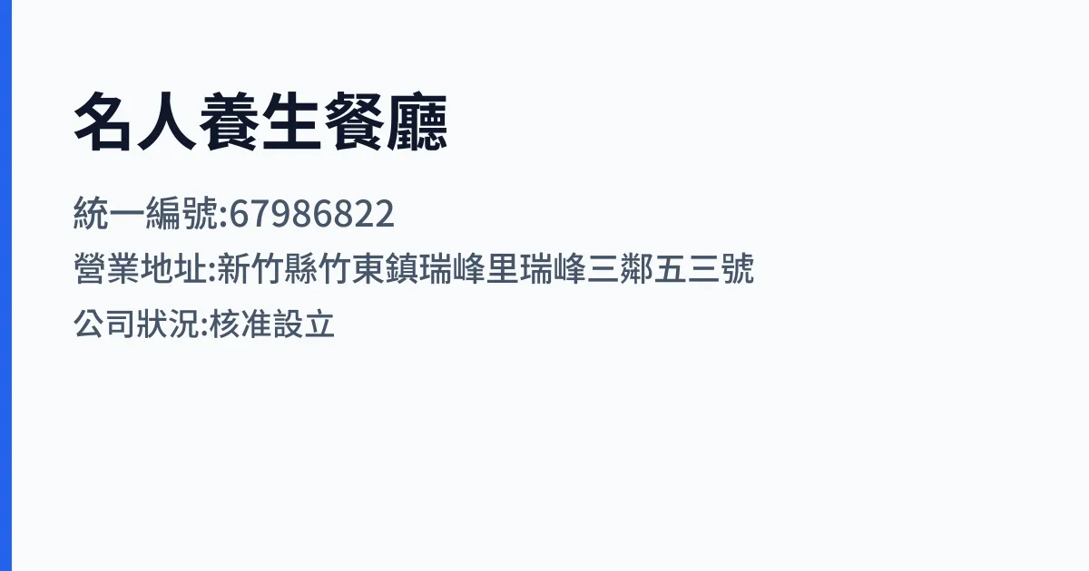 名人養生餐廳 - 統編 67986822(新竹縣) 公司登記資料與營業項目詳細圖表