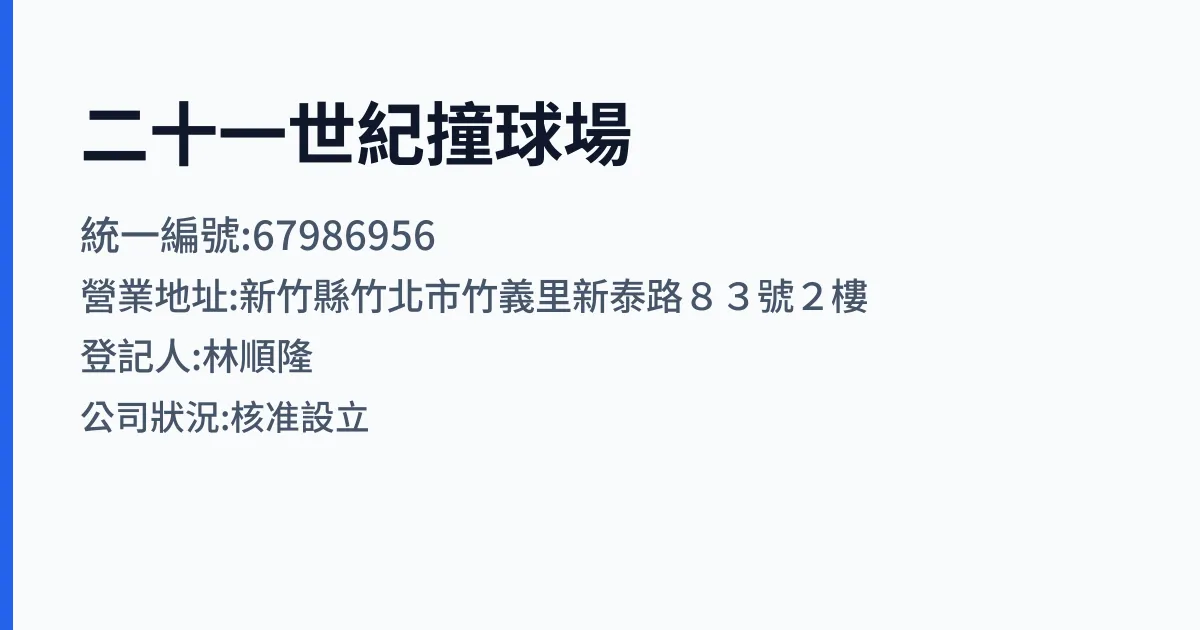 二十一世紀撞球場 - 統編 67986956(新竹縣) 公司登記資料與營業項目詳細圖表