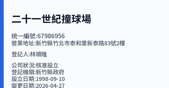二十一世紀撞球場的照片-統編 67986956(新竹縣) 公司登記資料與營業項目詳細圖表
