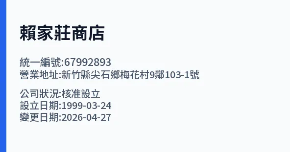 賴家莊商店的照片-統編 67992893(新竹縣) 公司登記資料與營業項目詳細圖表