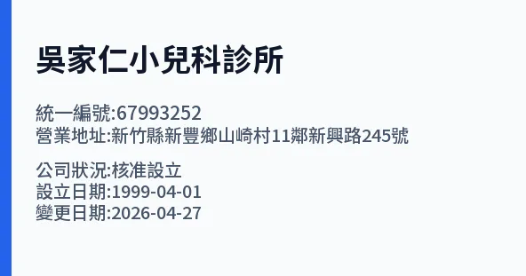 吳家仁小兒科診所的照片-統編 67993252(新竹縣) 公司登記資料與營業項目詳細圖表