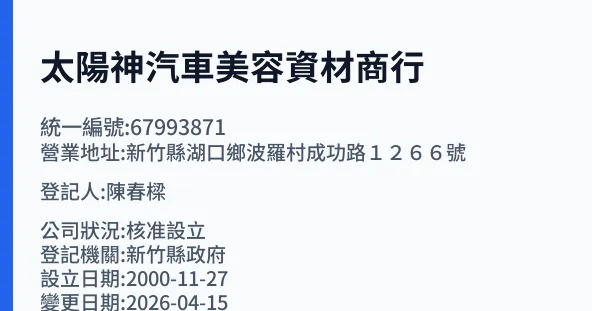 太陽神汽車美容資材商行的照片-統編 67993871(新竹縣) 公司登記資料與營業項目詳細圖表