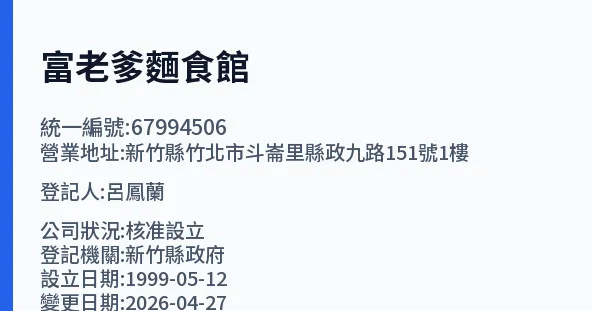 富老爹麵食館的照片-統編 67994506(新竹縣) 公司登記資料與營業項目詳細圖表