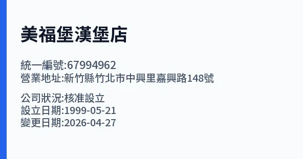 美福堡漢堡店的照片-統編 67994962(新竹縣) 公司登記資料與營業項目詳細圖表